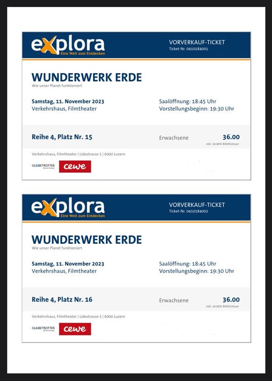 Ticket Explora-Vortrag "Wunderwerk Erde", 11.11., Luzern (Gebraucht) in ...