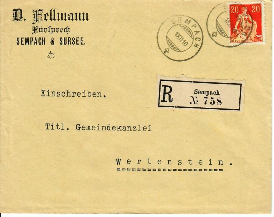 R - Brief, D. Fellmann Sempach & Sursee 1910 (Gebraucht) in Hochdorf ...