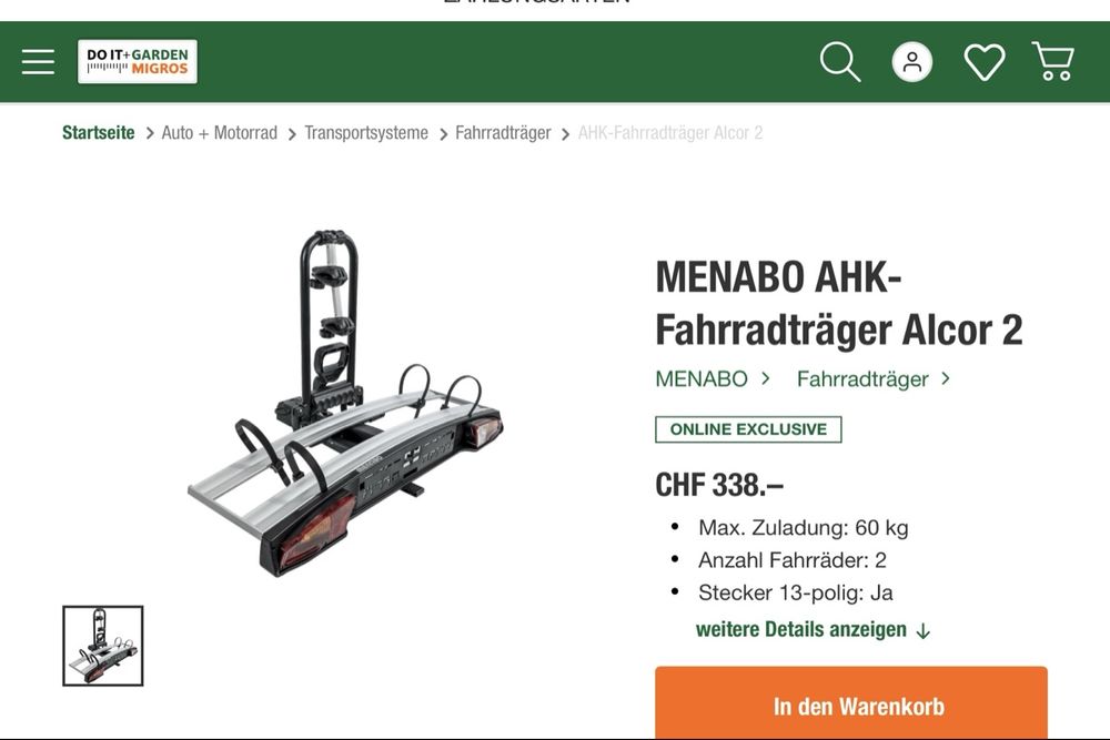 MENABO Alcor 2 Bike Rack, Towbar Mount, Like NEW! (Gebraucht) in Zug ...