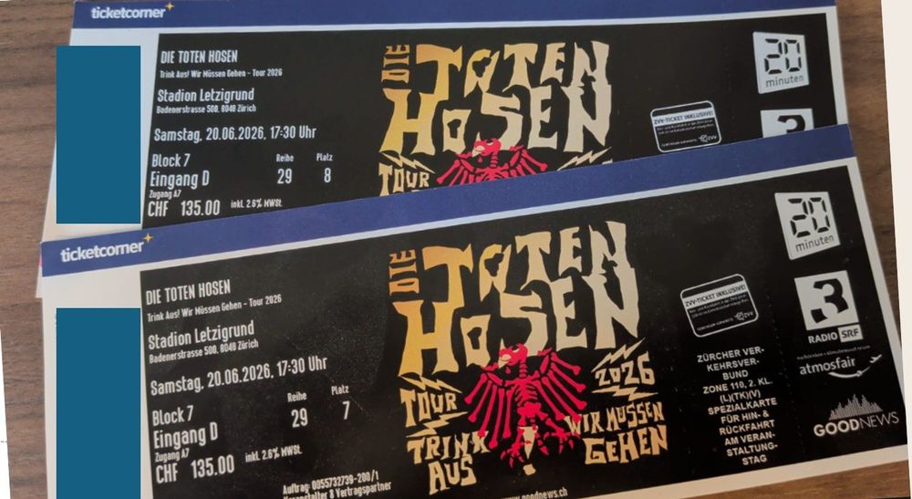 2 Tickets - Die Toten Hosen, Tour 2026, Letzigrund Zürich (Neu (gemäss ...