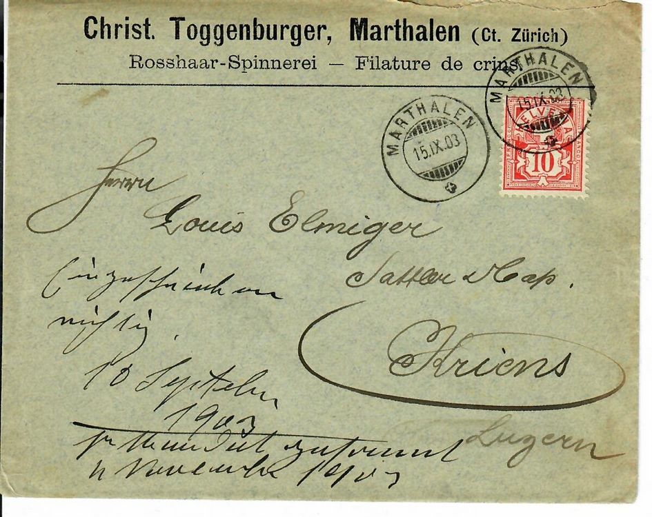 Brief, Christ Toggenburger Rosshaar Spinnerei Marthalen 1903 (Gebraucht ...