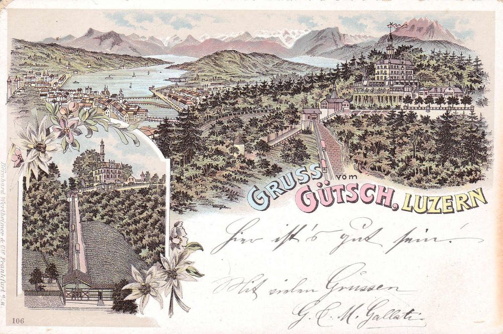 um 1910, "Gruss vom Gütsch, Luzern", farbige Lithokarte (Gebraucht) in Wenslingen für CHF 5 ...
