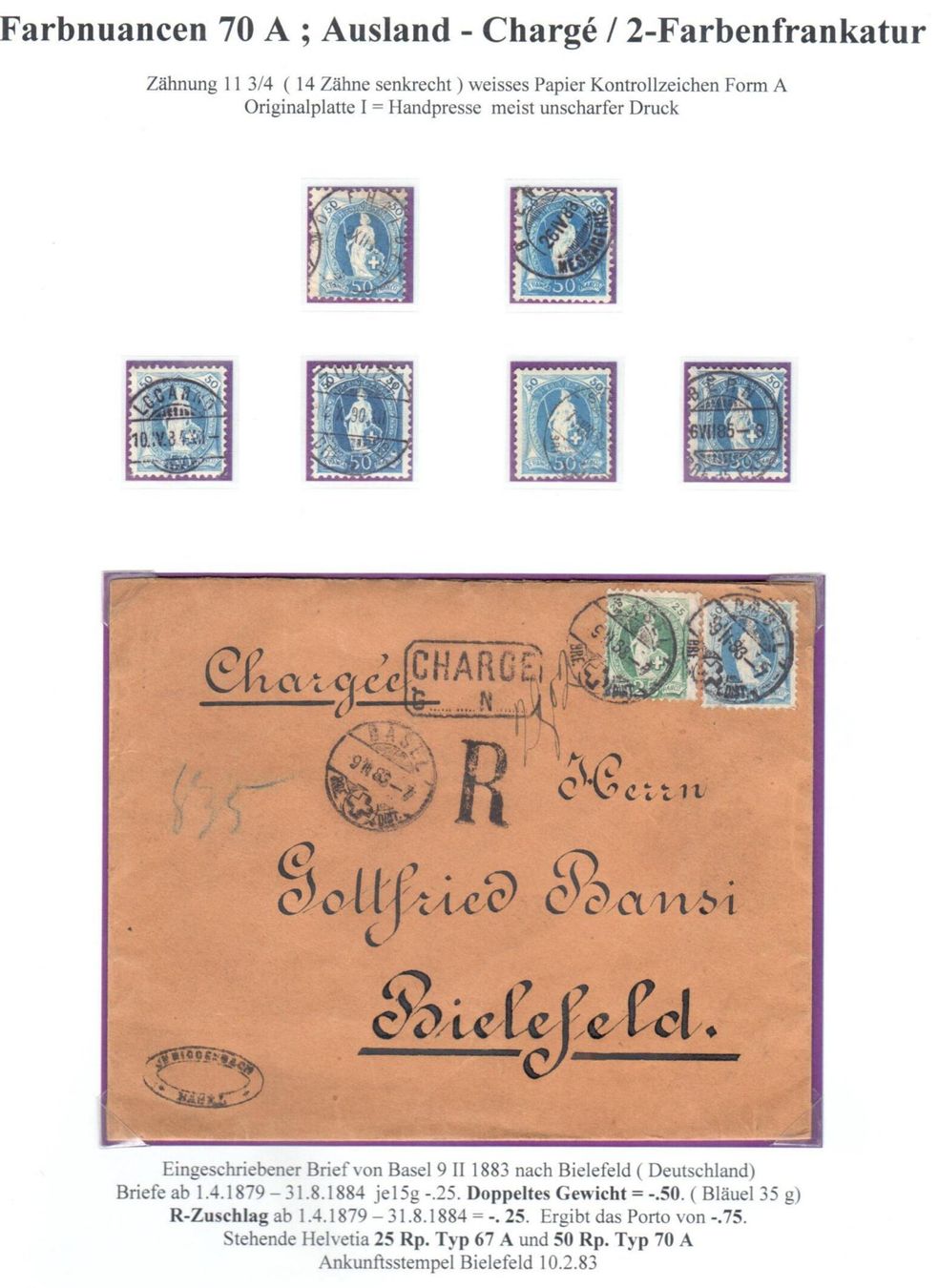 Ausstellungsblatt Stehende Helvetia 70 A (Gebraucht) in Appenzell für ...