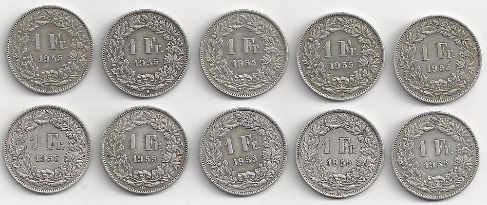 10 Schweizer Silber 1 Franken-Münzen alle von 1955 (Gebraucht) in Zürich für CHF 190 – mit ...