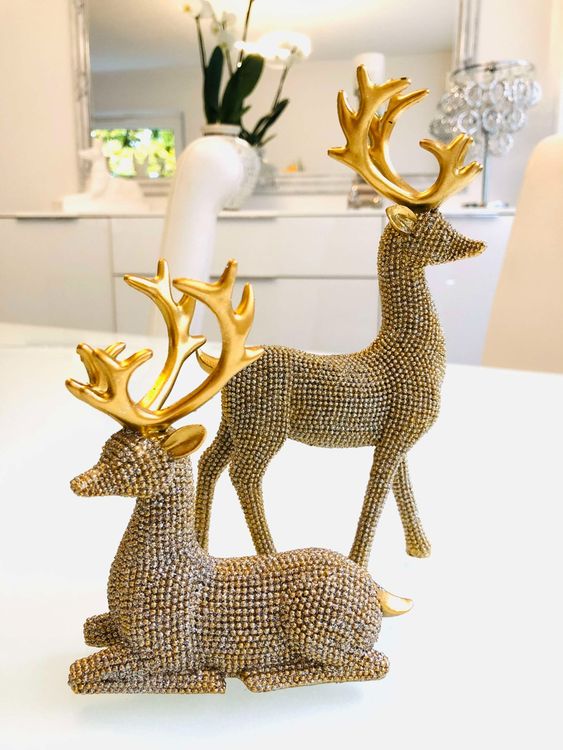 2 Einzigartige Hirsch 🦌 Statue Deko Figur Gold Glanz NEU (Neu und ...