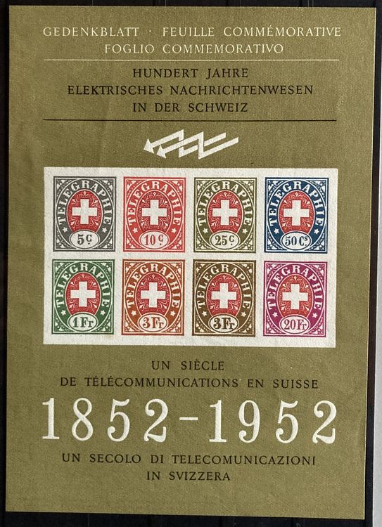 1952, Gedenkblatt '100J Nachrichtenwesen', SBK 160 Fr. (Gebraucht) in Flawil für CHF 18.5 – mit ...