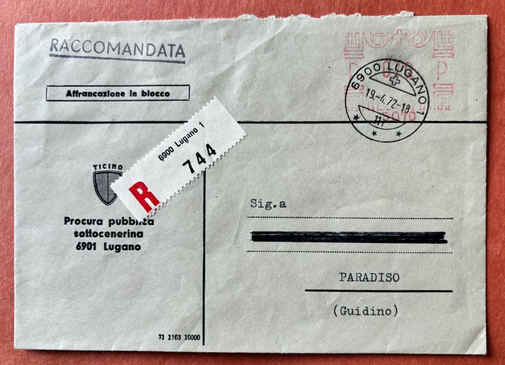 BUSTA RACCOMANDATA-PROCURA PUBBLICA SOTTOCENERINA -1972 (Gebraucht) in ...