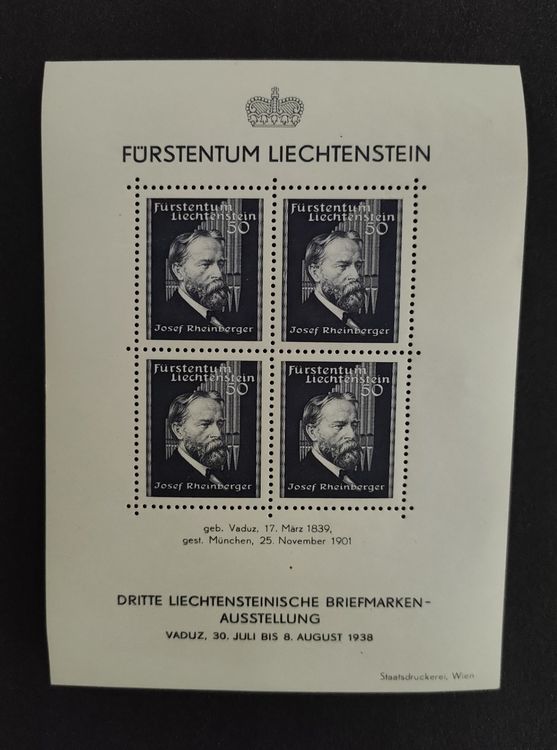 Liechtenstein 1938, Josef Rheinberger - Blockbogen (*) (Gebraucht) in Wil SG für CHF 1 – mit ...