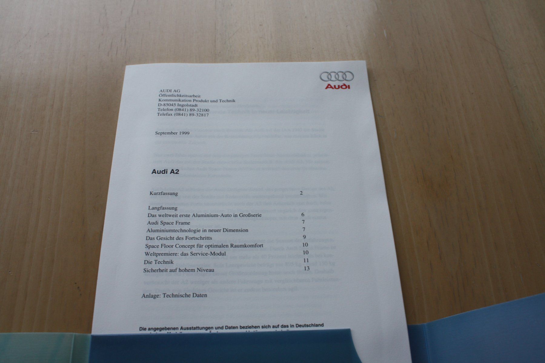 Audi A2 - Original Pressemappe / Fotos IAA Frankfurt 1999 (Gebraucht ...