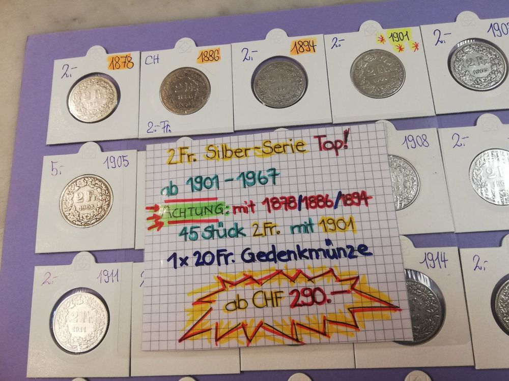 2 Franken Silber-Serie 1878/86/94/1901-1967/20Fr.Gedenkmünze | Kaufen auf Ricardo