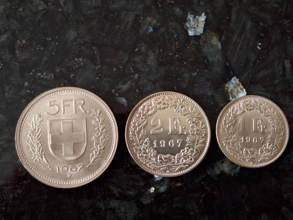 Silbermünzen 1, 2, 5 Franken 1967 Schweizer Franken (Gebraucht) in Bern für CHF 36.9 – mit ...