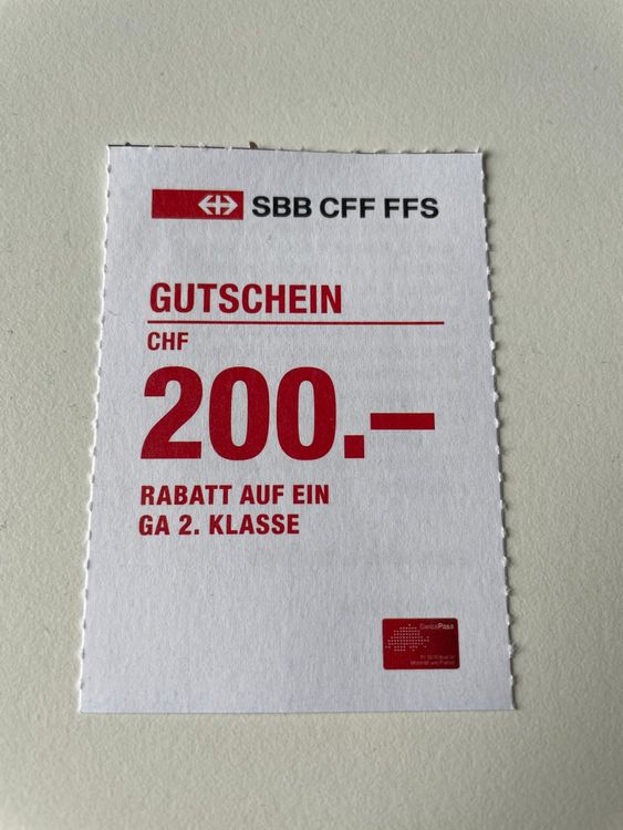 GA Gutschein 2. Klasse CHF 200.- (Neu und originalverpackt) in zuerich für CHF 63 – mit ...