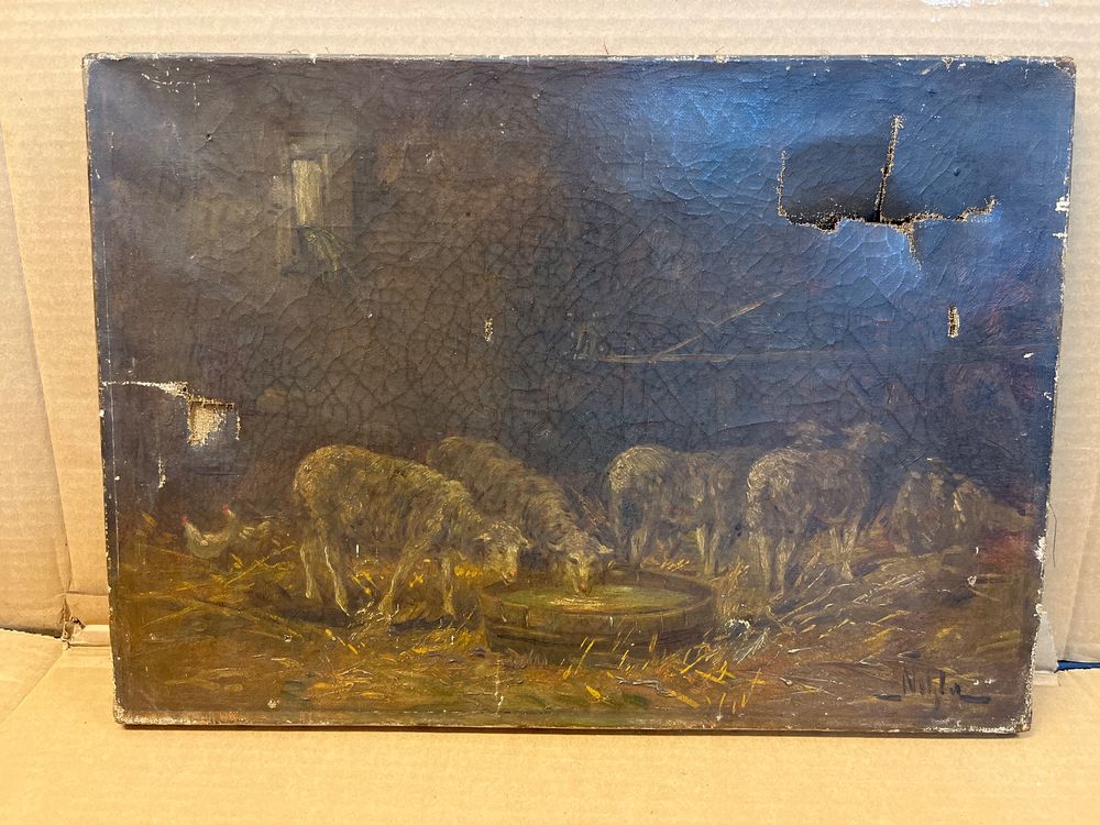 Peinture Huile sur toile ferme avec moutons et poules 33x46 | Kaufen ...