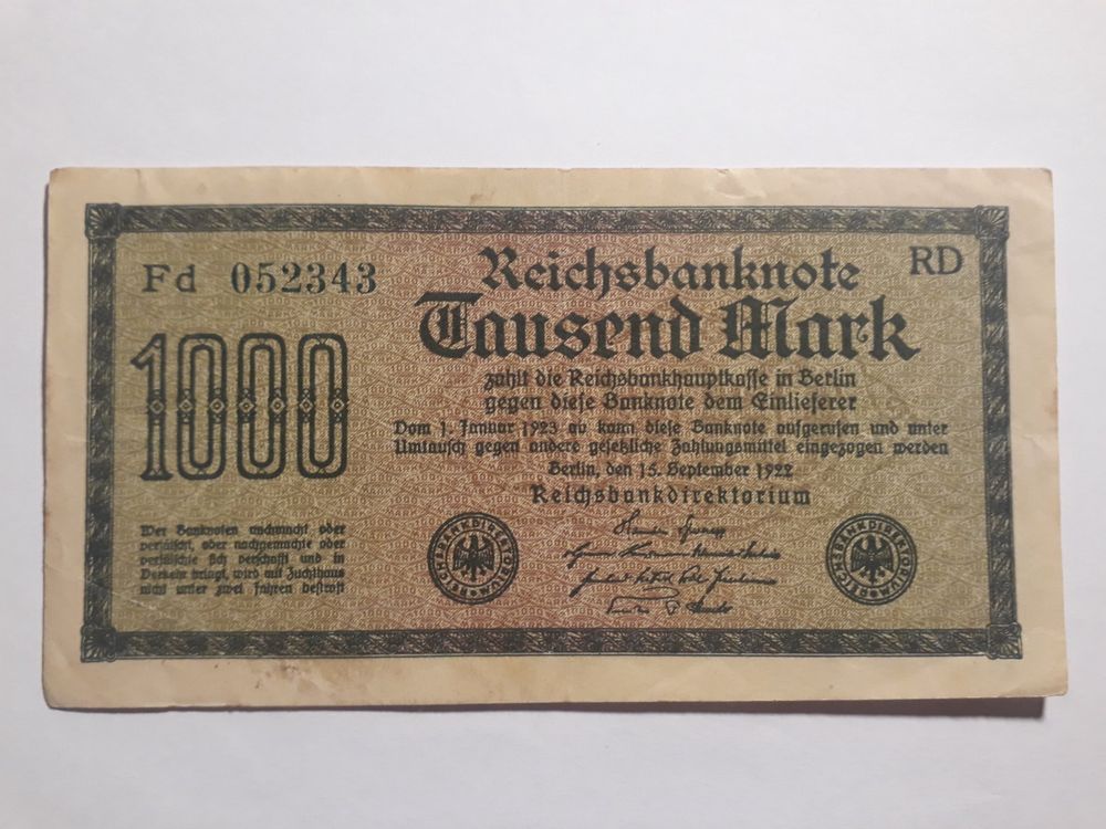 DEUTSCHLAND - 1000 Mark 1922 gebr. (Fd052343) (Gebraucht) in Wichtrach ...