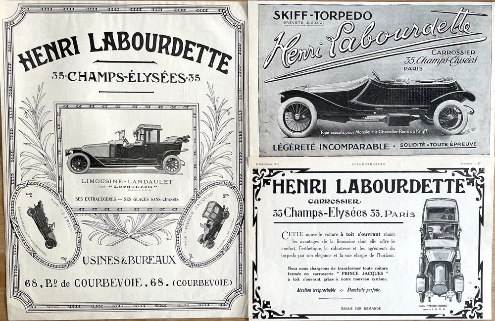 Henri Labourdette Cars - 3 Alte Werbungen / Publicités 1912 (Gebraucht ...