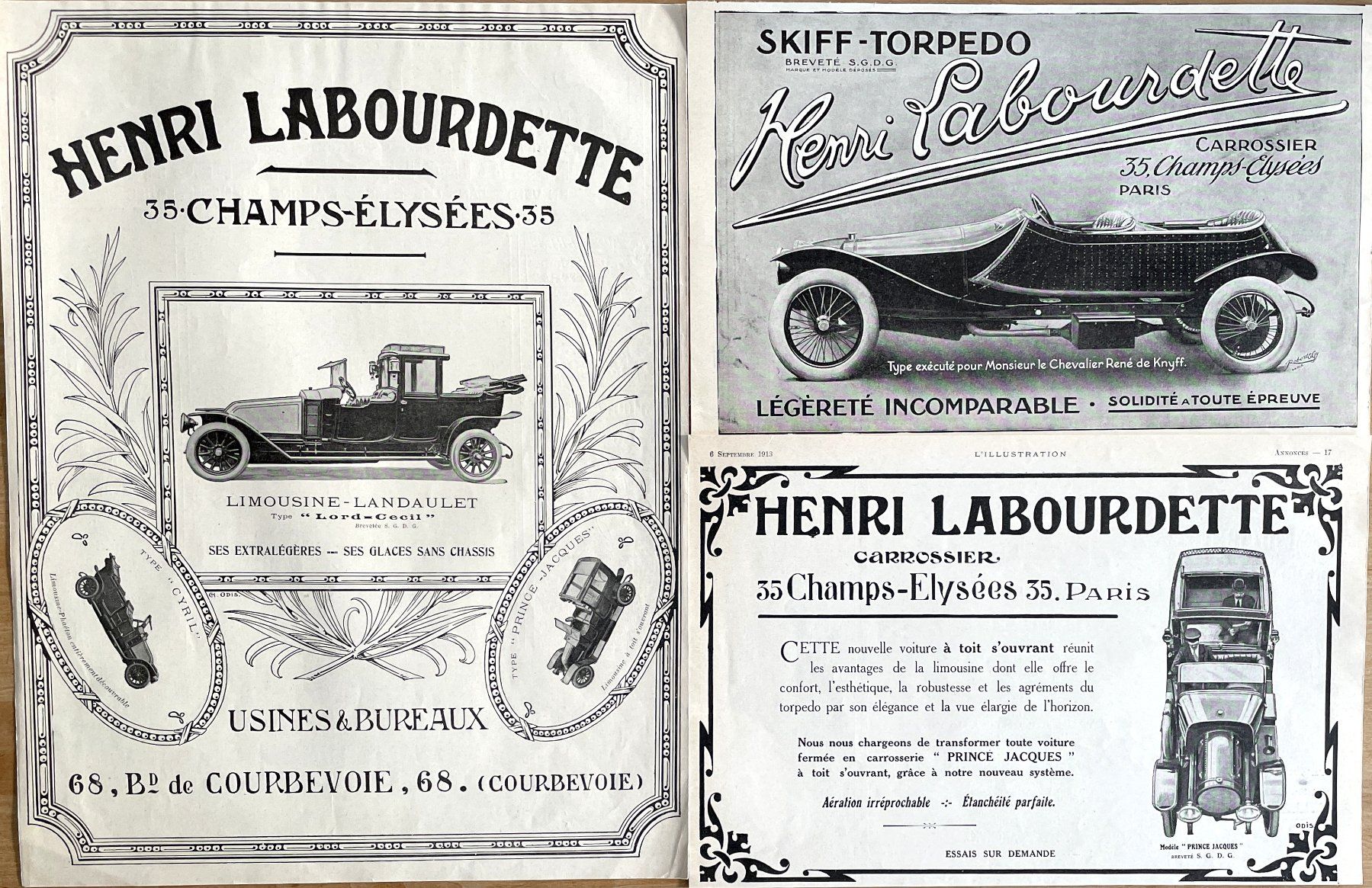 Henri Labourdette Cars - 3 Alte Werbungen / Publicités 1912 (Gebraucht ...
