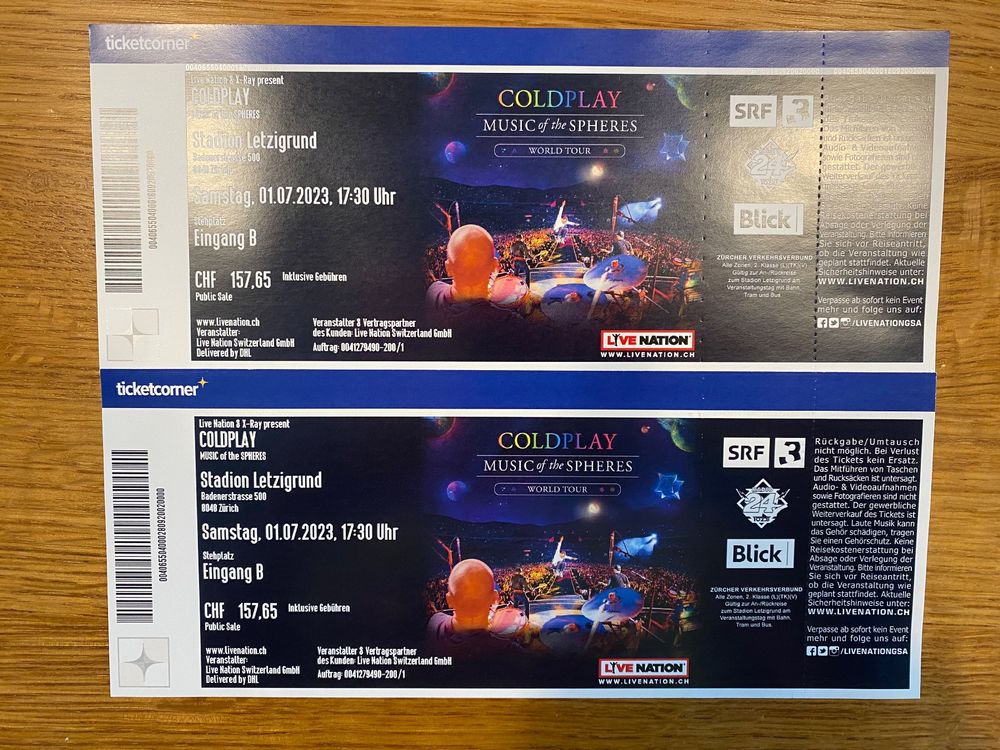 2 Coldplay Ticket 1.7 2023 Stehplatz (Gebraucht) in für CHF 650 – mit ...