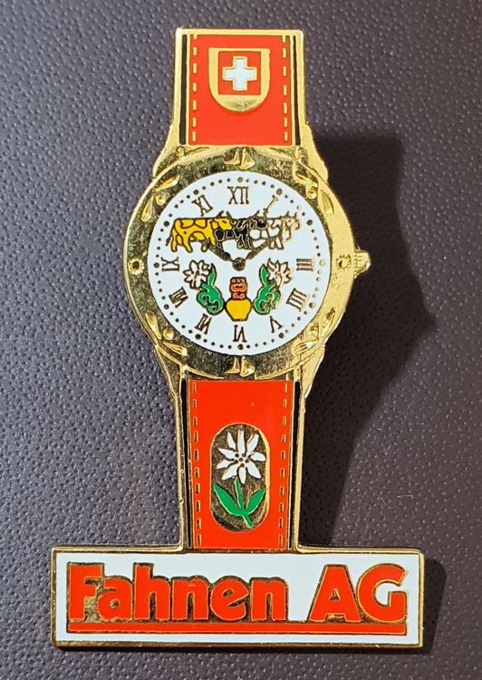 R480 - Pin Scheiz Uhr Treichel Kuh Cow Edelweiss Fahnen AG (Gebraucht) in Reinach BL für CHF 2 ...