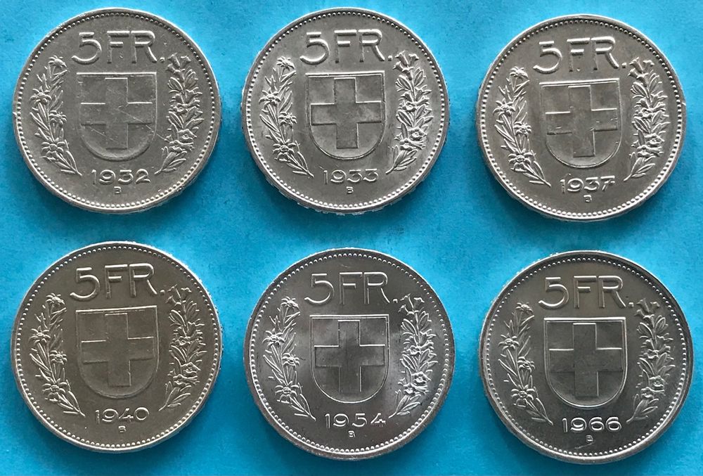 6 Schweizer Silber 5 Franken-Münzen diverse Jahrgänge | Kaufen auf Ricardo