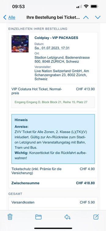 1x Coldplay VIP Packages Coltura Hot Ticket Zürich 1.07.22 (Neu und originalverpackt) in Zug für ...