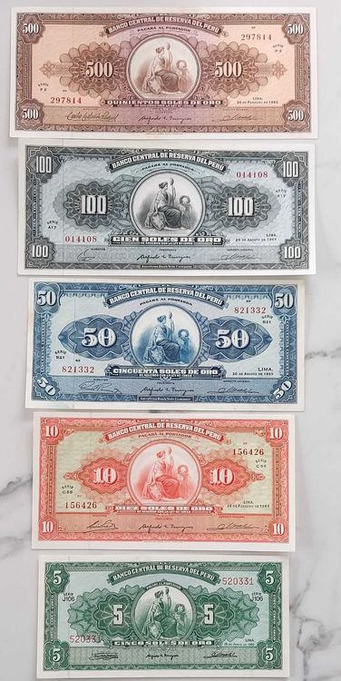 Peru 5 10 50 100 & 500 Soles de Oro 1965 (Gebraucht) in Yens für CHF 80 – mit Lieferung auf ...