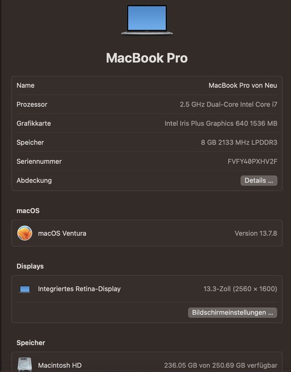 MacBook Pro 13 Zoll / 256 SSD / Jahr 2017 (Gebraucht) in Rupperswil für ...