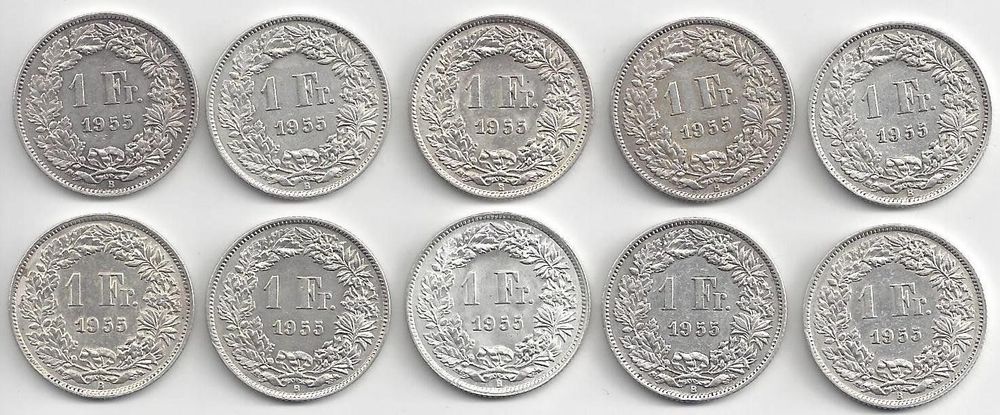 10 Schweizer 1 Franken-Silbermünzen 1955 | Kaufen auf Ricardo