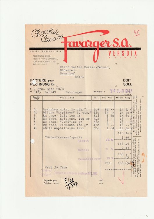 Briefkopf Rechnung Chocolats Cacao Favarger Versoix 1947 (Gebraucht) in Härkingen für CHF 4 ...