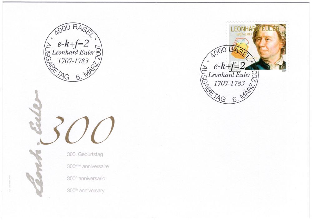 Leonard Euler FDC mit ABART Doppeldruck der Randbeschriftung (Gebraucht ...