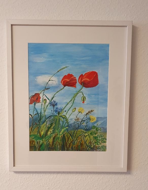 Sommer Aquarell, Mohnblumen, handgemalt, gerahmt (Gebraucht) in Lupfig für CHF 15 – nur Abholung ...