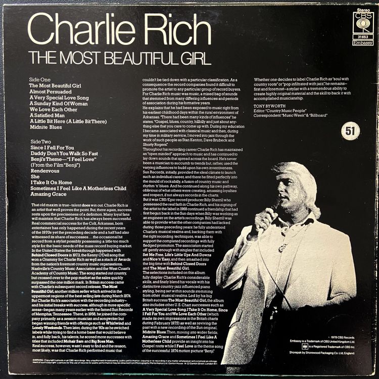 Charlie Rich - The most beautiful girl (Gebraucht) in Feldbach für CHF 5 – mit Lieferung auf ...