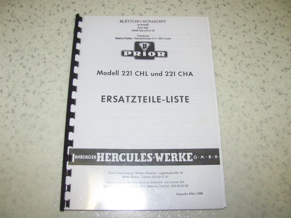 Ersatzteilliste Hercules Prior 221 CHL A KOPIE | Kaufen auf Ricardo