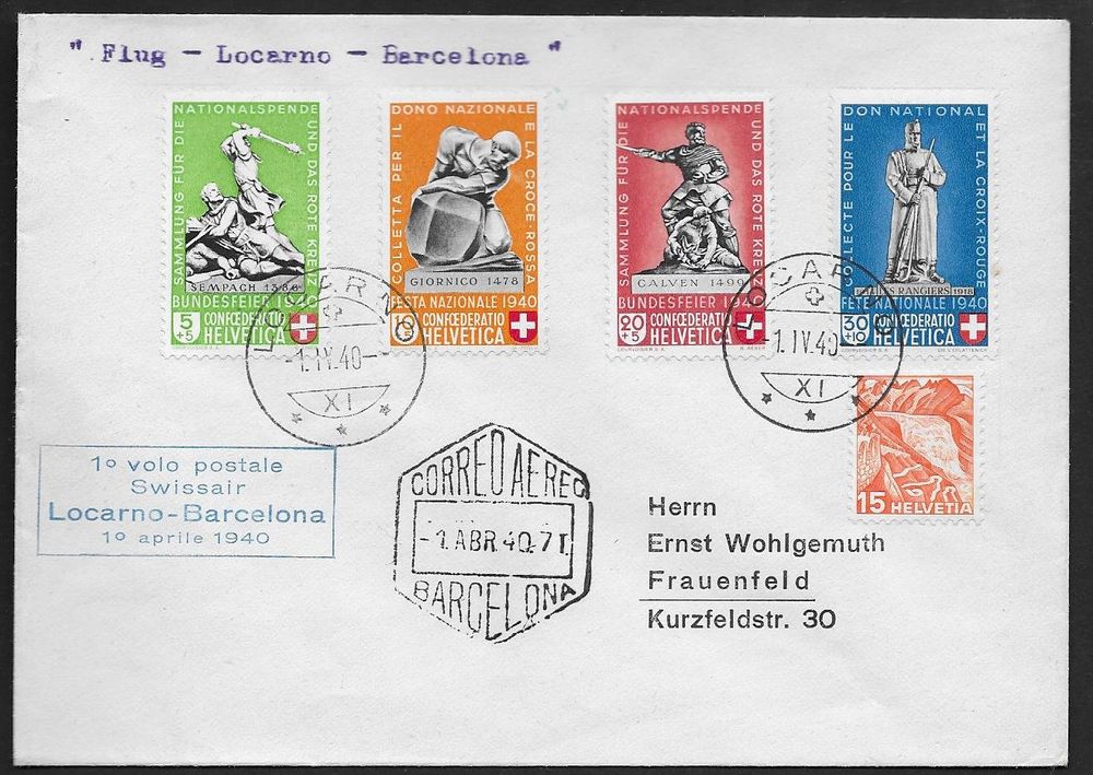 1940 Brief Flug Locarno-BARCELONA Bundesfeier Serie ab 1.- | Kaufen auf Ricardo