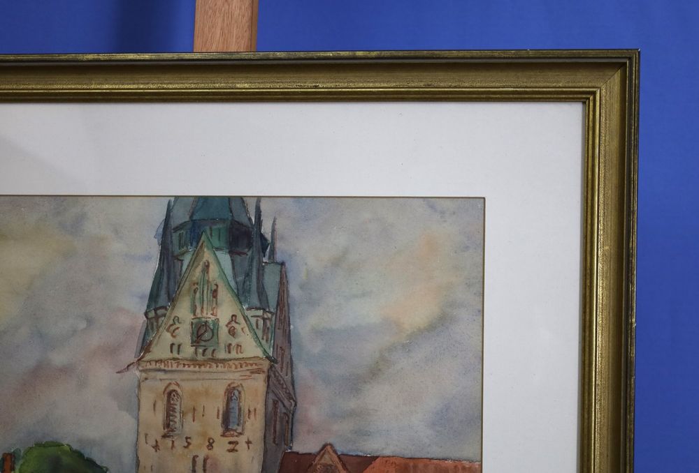 Kirche mit Pfarrhaus, grosses Aquarell, unleserlich signiert (Gebraucht) in Zug für CHF 5 – nur ...