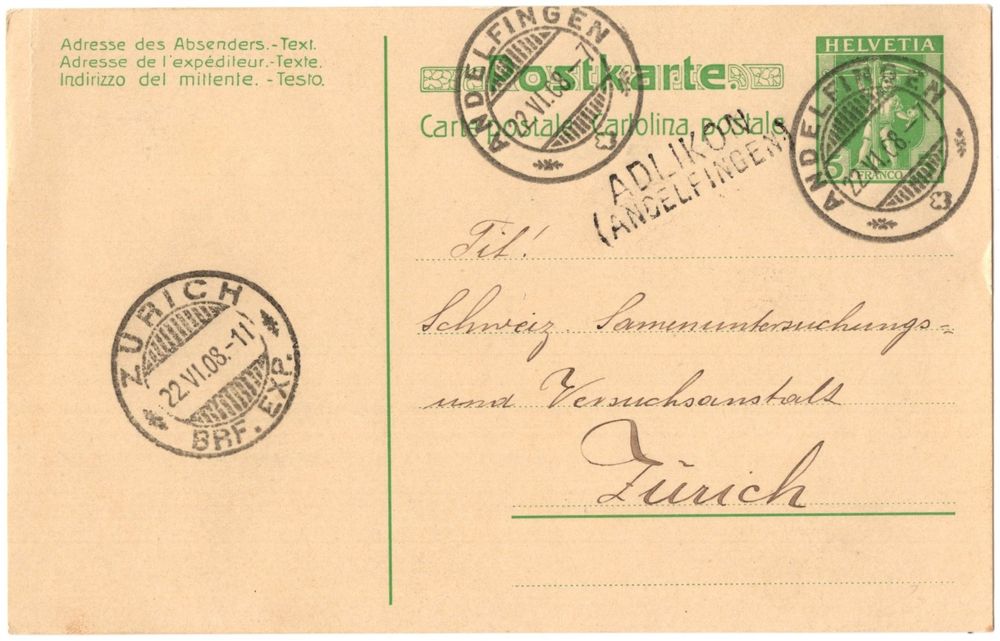 ADLIKON (ANDELFINGEN) Balkenstempel auf Ganzsachen-Postkarte (Gebraucht) in Eglisau für CHF 20 ...
