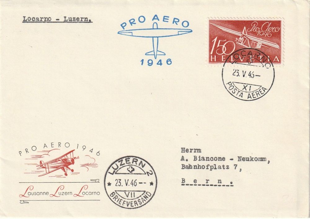 Pro Aero 1946 auf Sonderumschlag, Etappe Locarno-Lulzern (Gebraucht) in Turgi für CHF 1 – mit ...