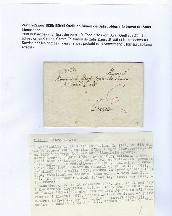 Zürich-Zizers 1826: Militärbrief v. Bürkli Orell an v.Salis (Gebraucht ...
