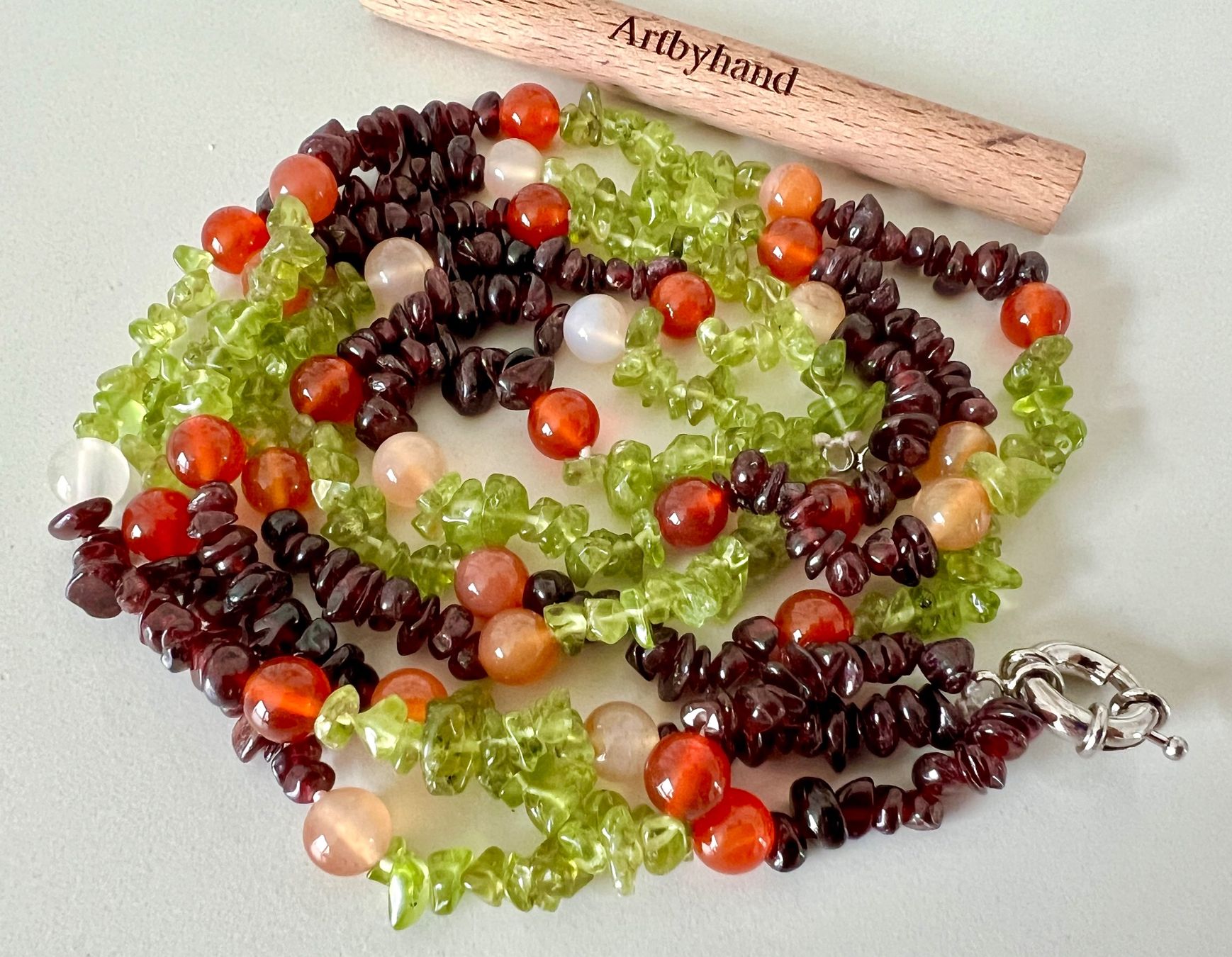 3 STRANG EDELSTEIN KETTE GRANAT-PERIDOT MIT SILBERSCHLIESSE (Gebraucht ...