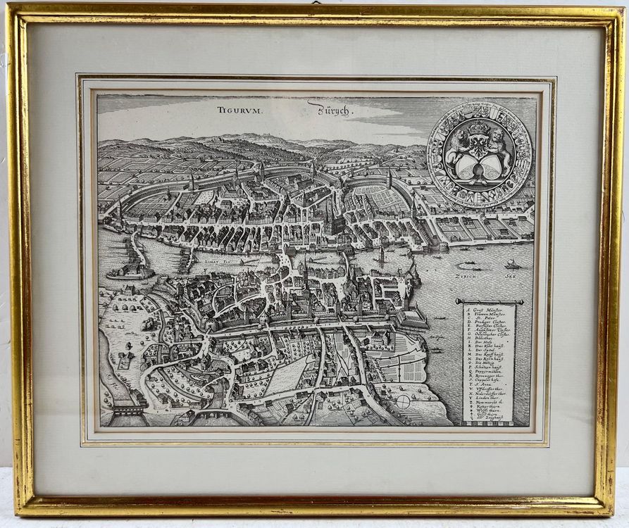 Stahlstich "Zürich" von Merian 1638 Echtgoldrahmen | Kaufen auf Ricardo