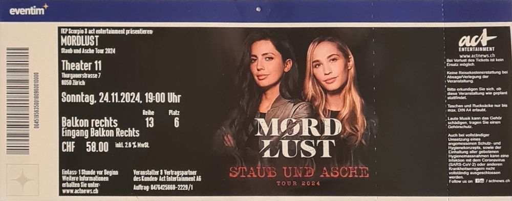Mordlust Ticket, Zürich, Theater 11, 24.11.2024 (Neu (gemäss Beschreibung)) in Zürich für CHF 85 ...