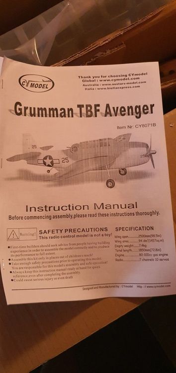 CY Models Grumman TBF Avenger rc flugzeug (Neu (gemäss Beschreibung ...