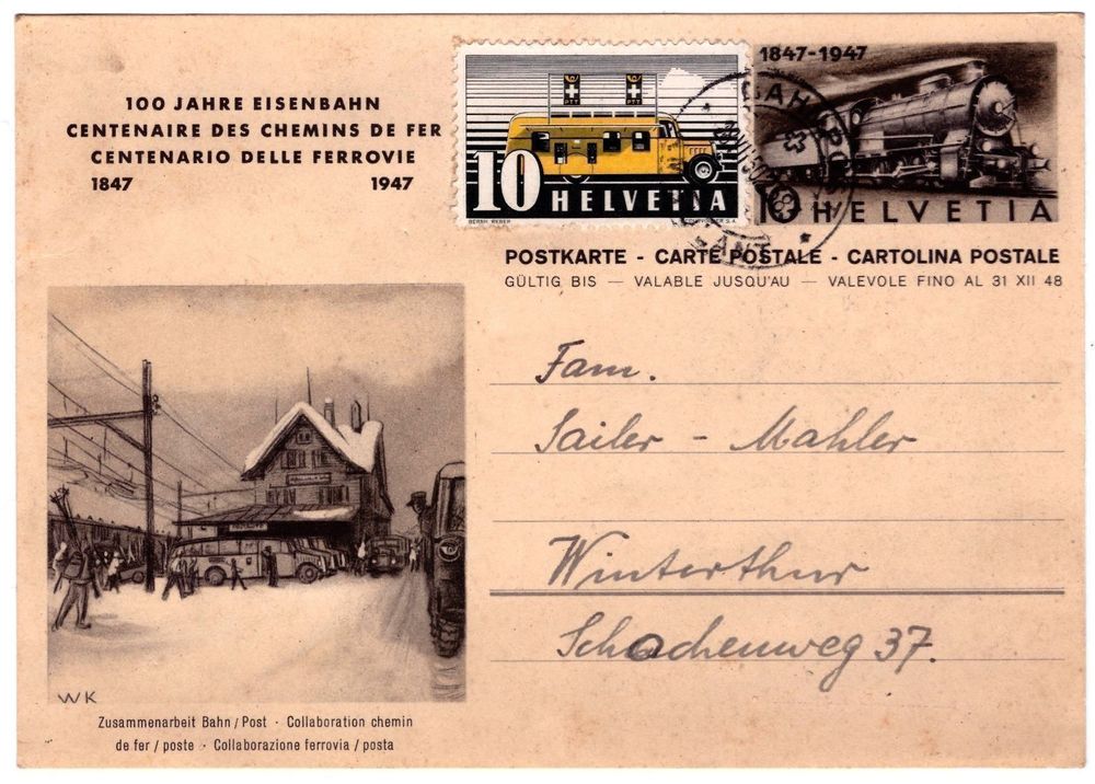Postkarte 100 Jahre Eisenbahn 1947 (Gebraucht) in Aarburg für CHF 1 – mit Lieferung auf Ricardo ...