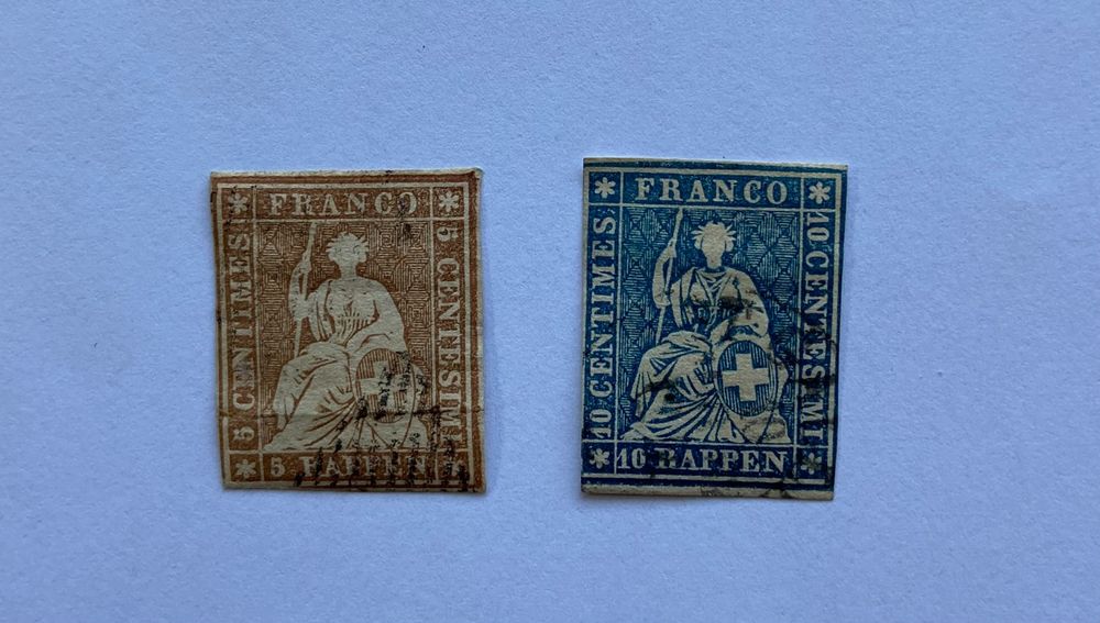 2 ( Strubeli ) seltene Schweizer Briefmarken 1854/1862 (Gebraucht) in Münchringen für CHF 2.8 ...