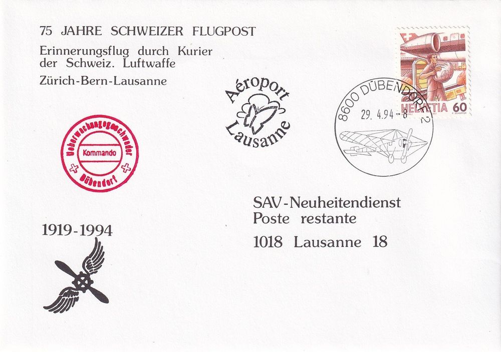 75 Jahre Schweizer Flugpost 1994, Erinnerungsflug (Gebraucht) in Baar für CHF 5 – mit Lieferung ...