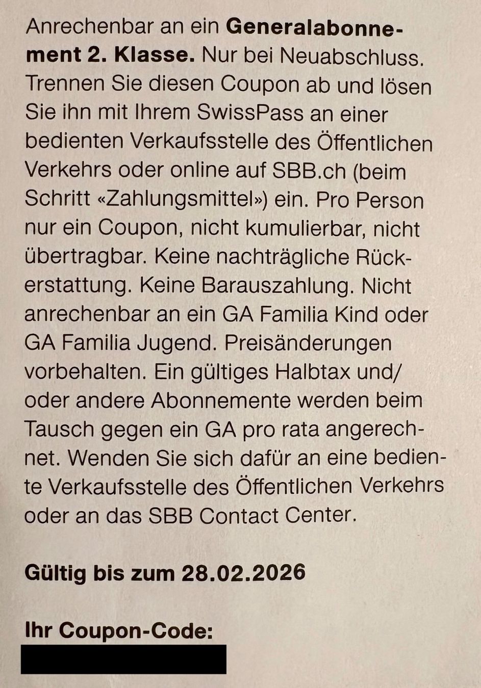 GA 2. Klasse Gutschein 200 Fr. Rabatt (nur online) (Neu (gemäss ...