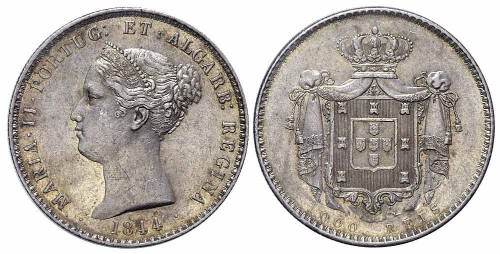 b- Portugal, Maria II., 1000 Reis 1844 (Usato) a Chiasso per CHF 600 ...