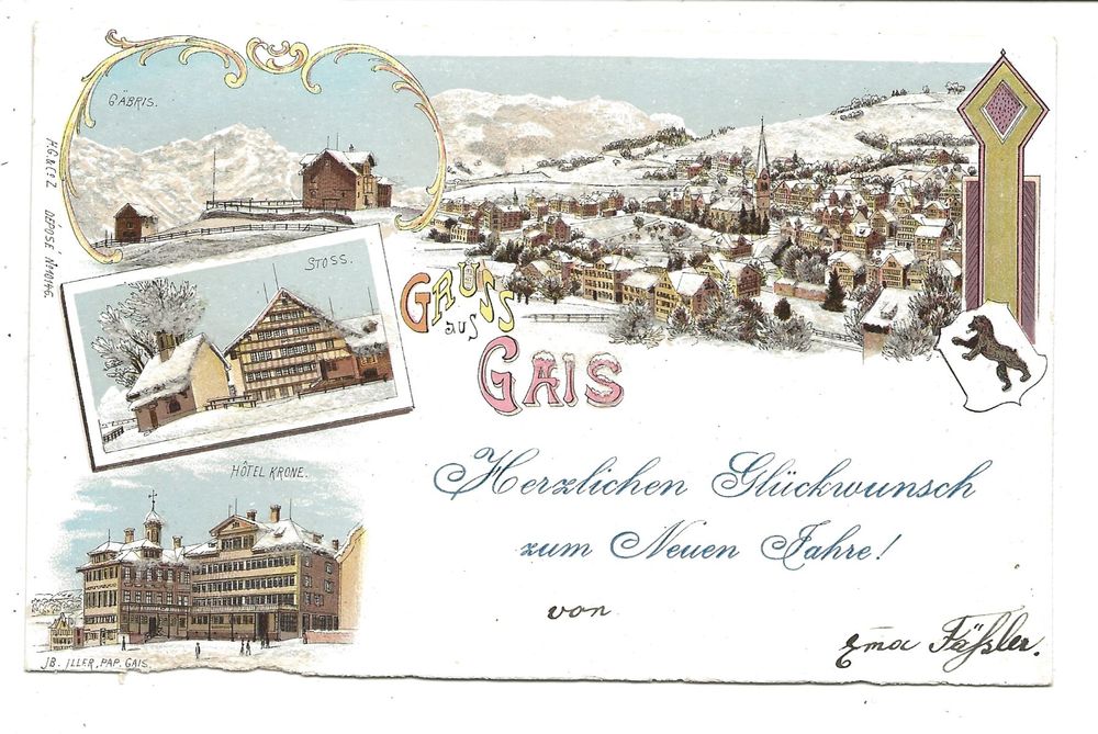 Gruss aus Gais AR Krone tolle Winter-Litho - Glimmer - 1901 (Gebraucht) in Engelburg für CHF 12. ...
