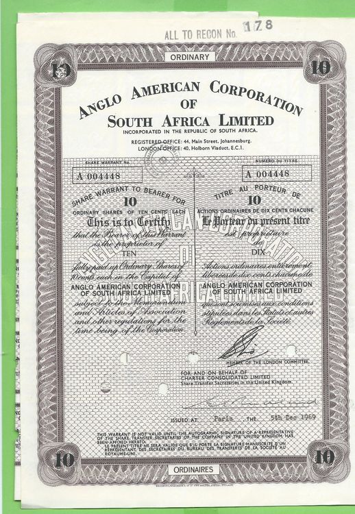 Anglo American Corp of South Africa, 1969 (Gebraucht) in Zürich für CHF ...
