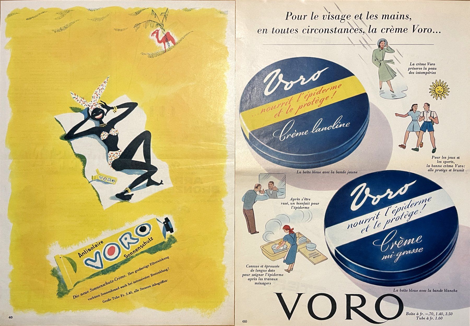 Voro Sonnencreme - 2 alte Werbungen / Publicités 1951 (Gebraucht) in ...