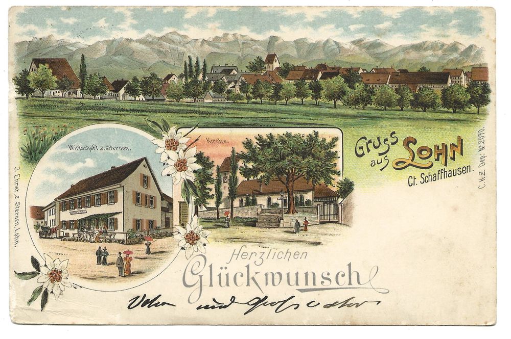 Gruss aus Lohn (SH) Wirtschaft Sternen - Kirche - Litho 1915 (Gebraucht ...